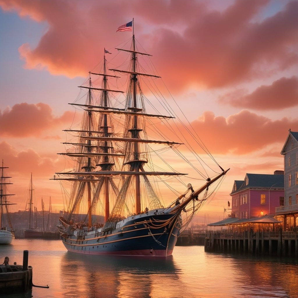 Clipper ship at port