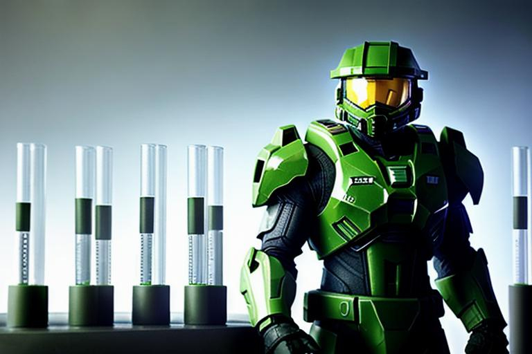 Master Chief holding two test tubes whilst looking a... | OpenArt
