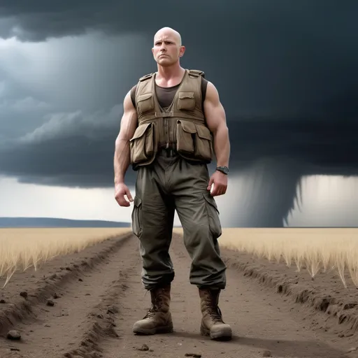 A baldie shave beard bulky man stand alone at the st...