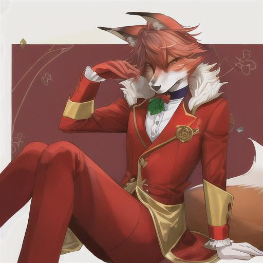 male fox in a red and yellow Jester costume