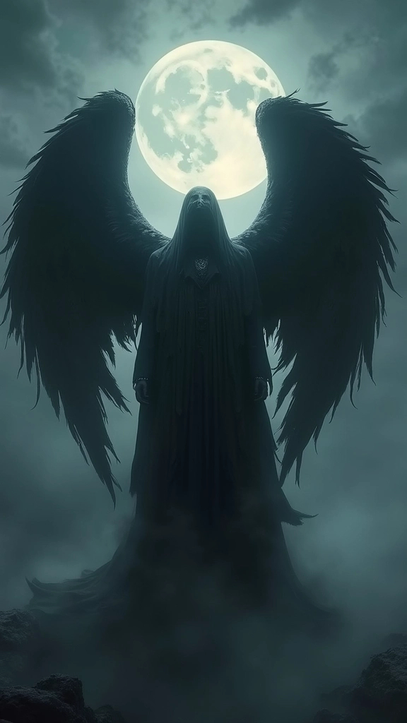 The angel of death, dark wings spread wide, ethereal...