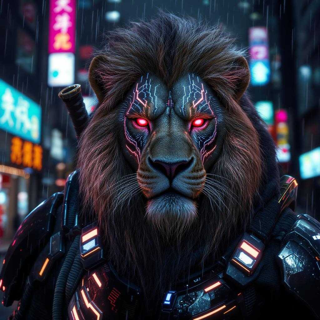 A close-up portrait of a cyberpunk lion with neon-li...