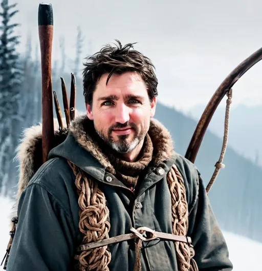 a painting of a Canadian trapper with rifle over his...