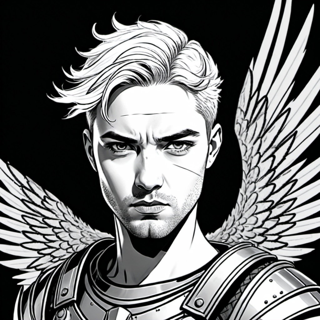black and white line art headshot portrait of Icarus...