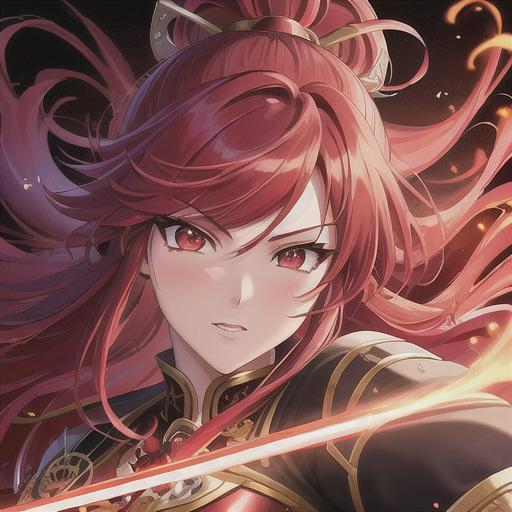 Red-haired beautiful samurai with a katana emanating...