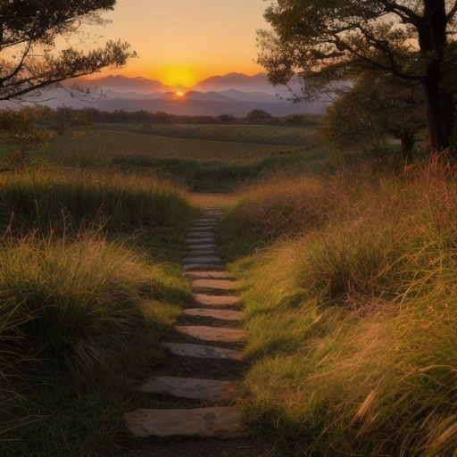 : Sunrise over a peaceful landscape, with a path lea...