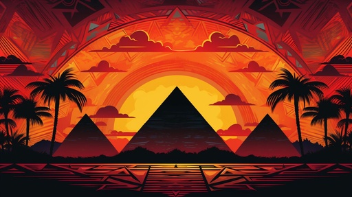 pyramids in front of a sunset in style of aztec art...