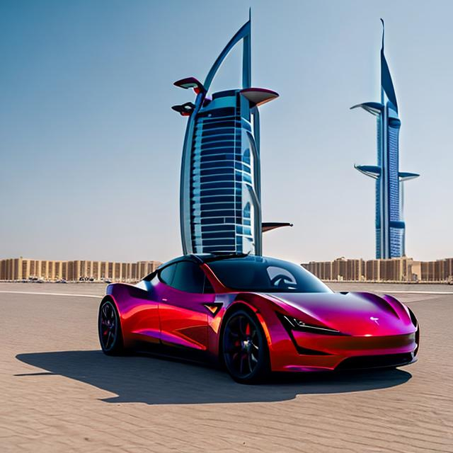 tesla roadster in front of burj al arab