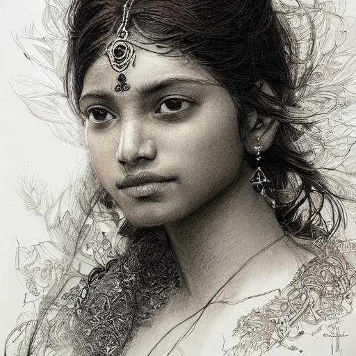 Indian girl, pen and ink, intricate line drawings, v... | OpenArt