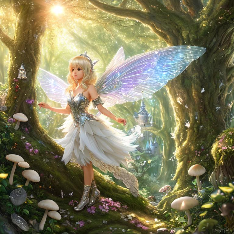 cheerful winged fairy with silver blonde hair and fa...