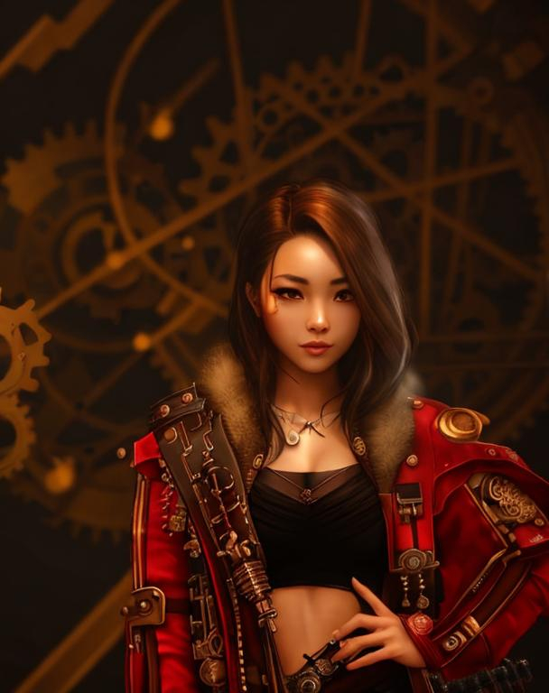 A steampunk asian in a dystopian city and sepia gear... | OpenArt