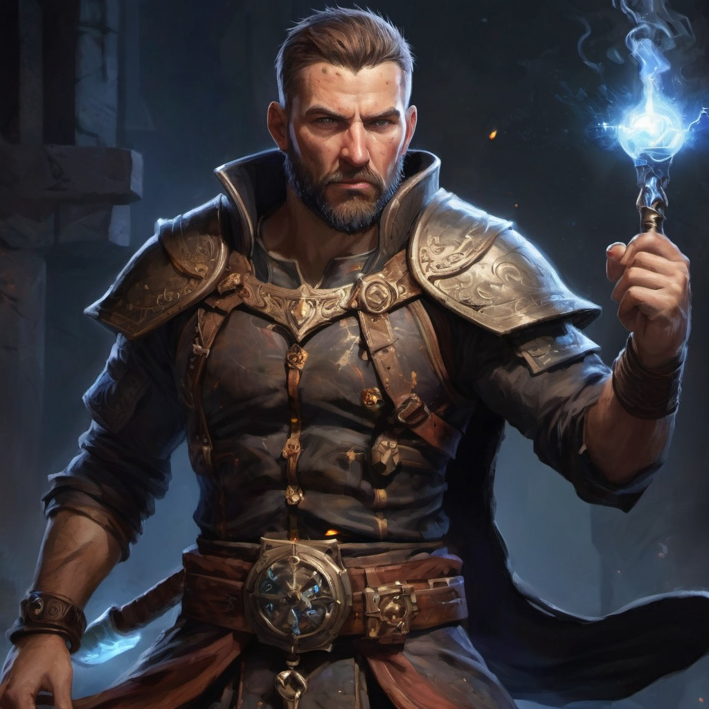 (torso) Male stocky large battle-mage with short-cut...