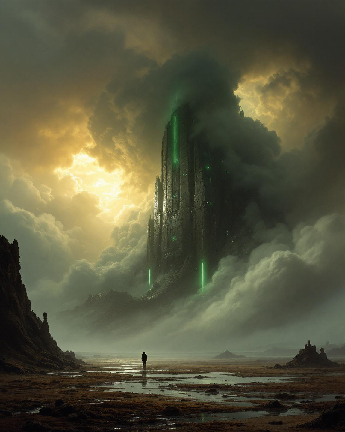 A colossal extraterrestrial, towering, monolithic bu...