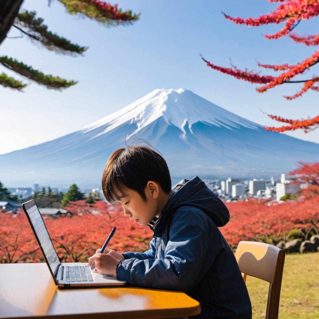 a boy is writing code under Mount Fuji in Japan
