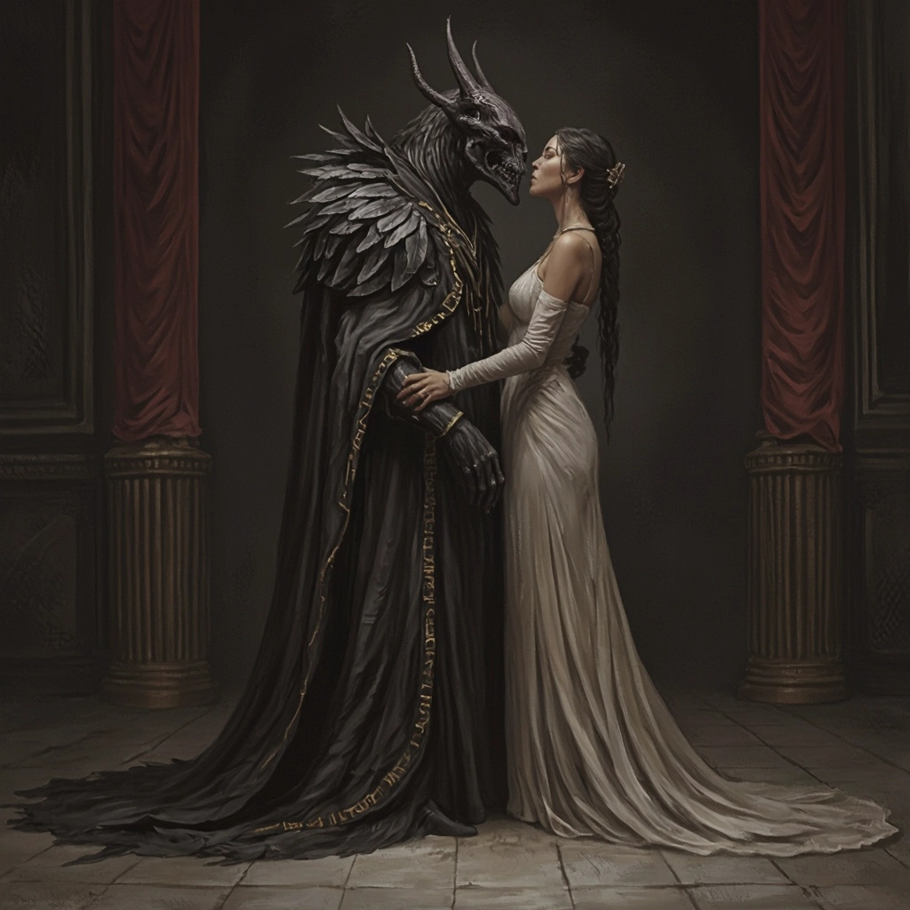 a large looming demon creature with a longer black s...