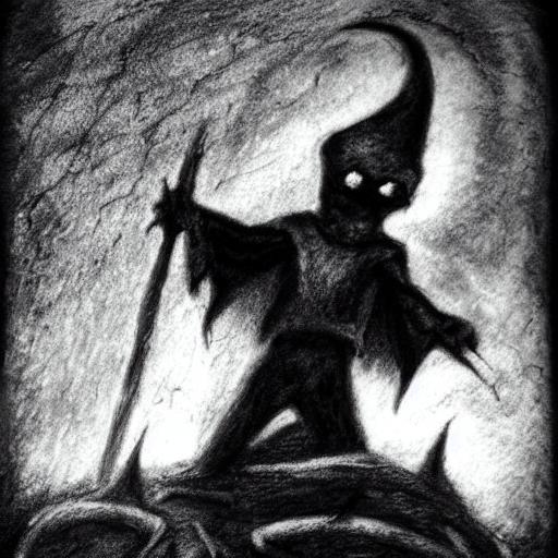 charcoal drawing, black and white, evil shadow knigh...