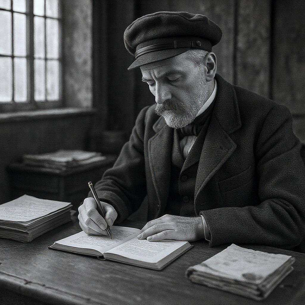A black and white scene of a writer in the early 190...