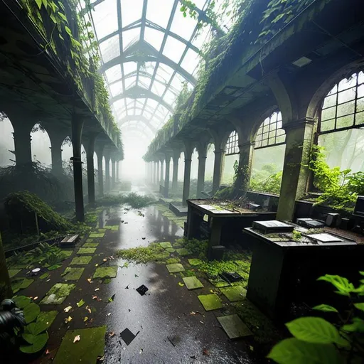 overgrown laboratory with knight guards, during the...