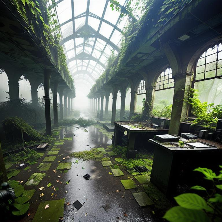 overgrown laboratory with knight guards, during the...