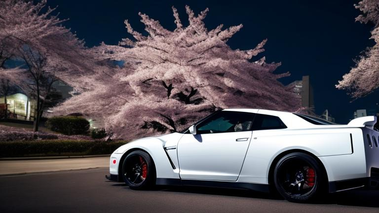 Nissan Skyline GT-R R35 parking beside a cherry blos...