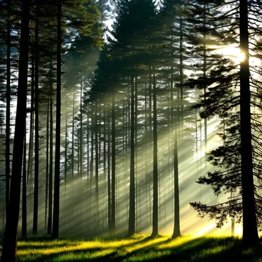 Forest with god rays piercing through the trees.