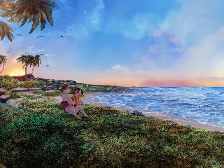 Anime beach scene in the style of studio ghibli. Sun... | OpenArt