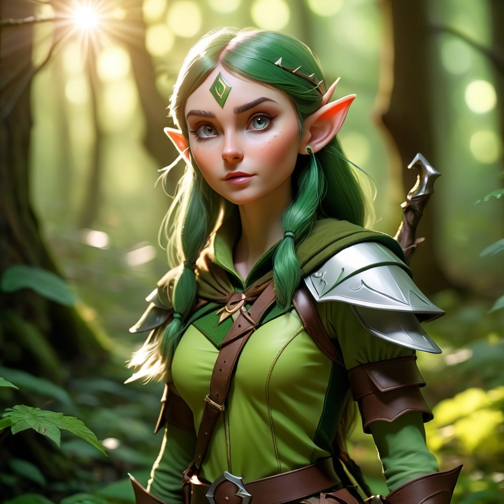 Elf ranger in a mystical forest around sunlight