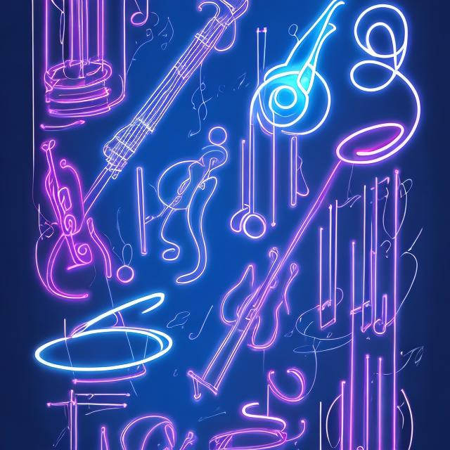 a blue and pink neon poster design about music instr...