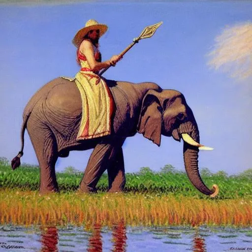 fighter with gods spear riding elephant monet style