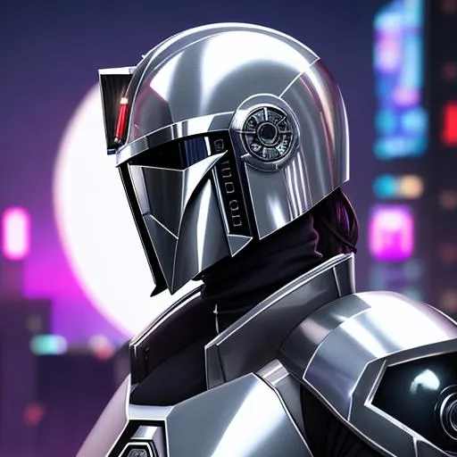 portrait, cyberpunk shiny silver mandalorian, futuri...