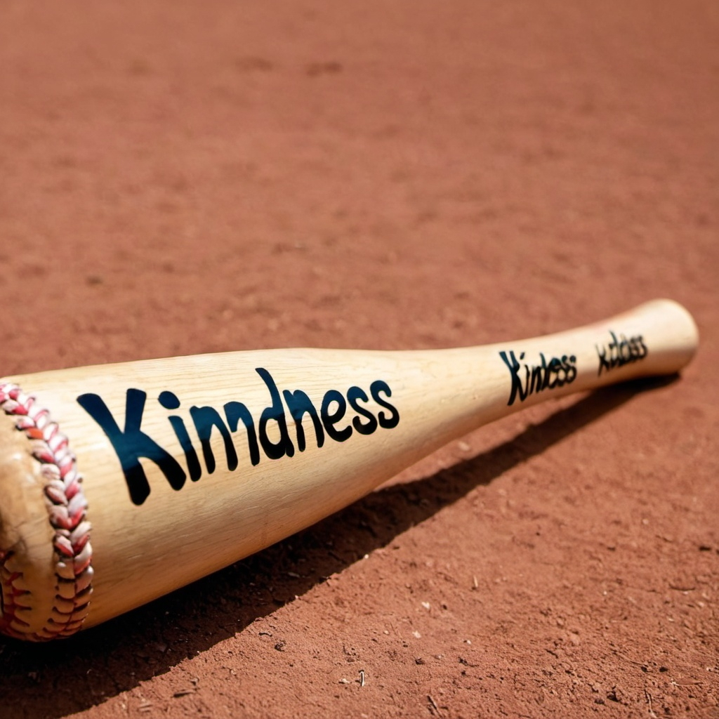 Baseball bat with the word "KINDNESS" written on it.