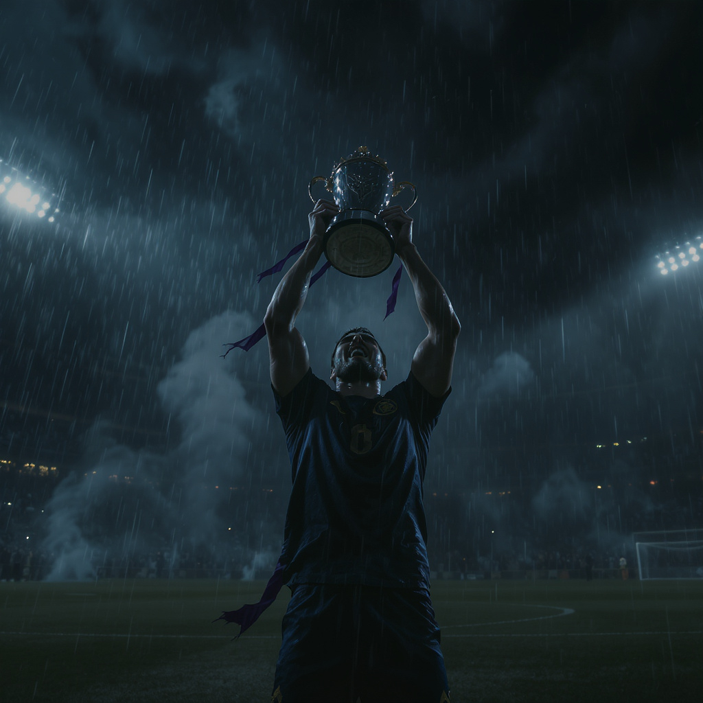 In a dimly lit stadium, shadows stretch ominously ac...