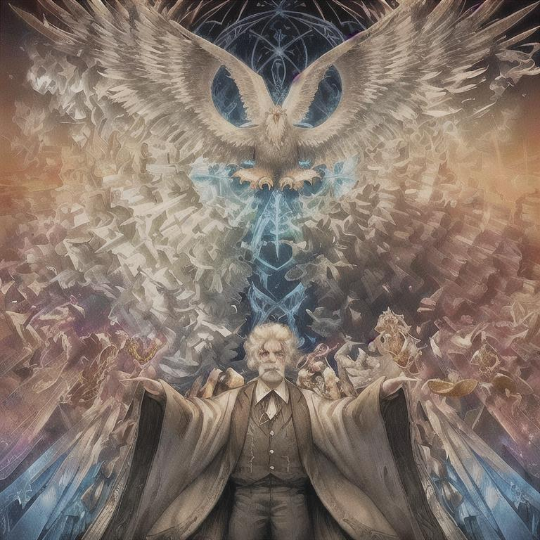 Illustrate the epic moment of Mark Twain and Dumbled... | OpenArt