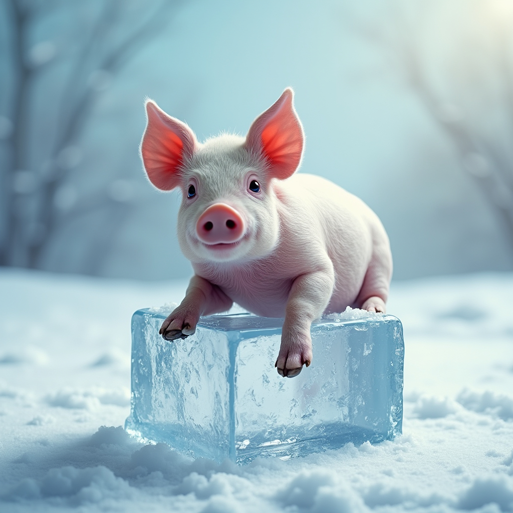 A pig in an ice cube, in a snowy environment