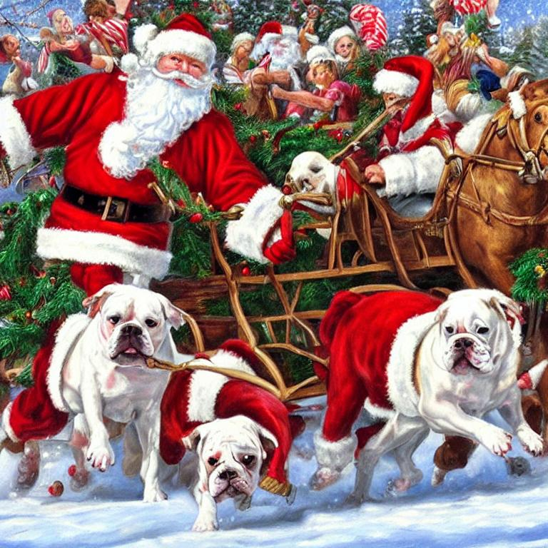 white, American bulldogs pulling Santa's sleigh, 4k,...