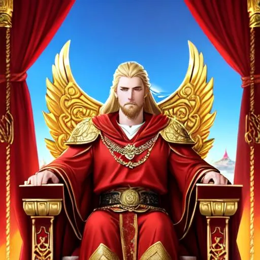 A tall male Elven Emperor wearing red and gold vikin... | OpenArt
