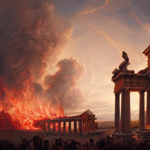 Baroque painting of a gigantic Roman temple on fire,...