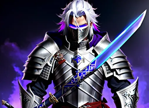 Dark purple and blue and white armored Male Knight w... | OpenArt
