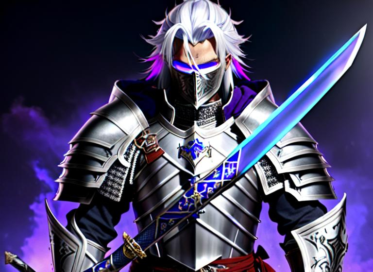 Dark purple and blue and white armored Male Knight w... | OpenArt