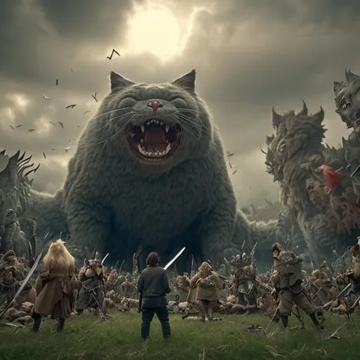 One man with his giant cat watching an army of monst...