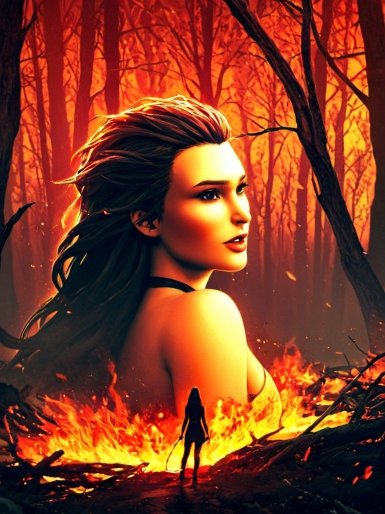 (fire-themed image), a teenage girl (made of flames)...