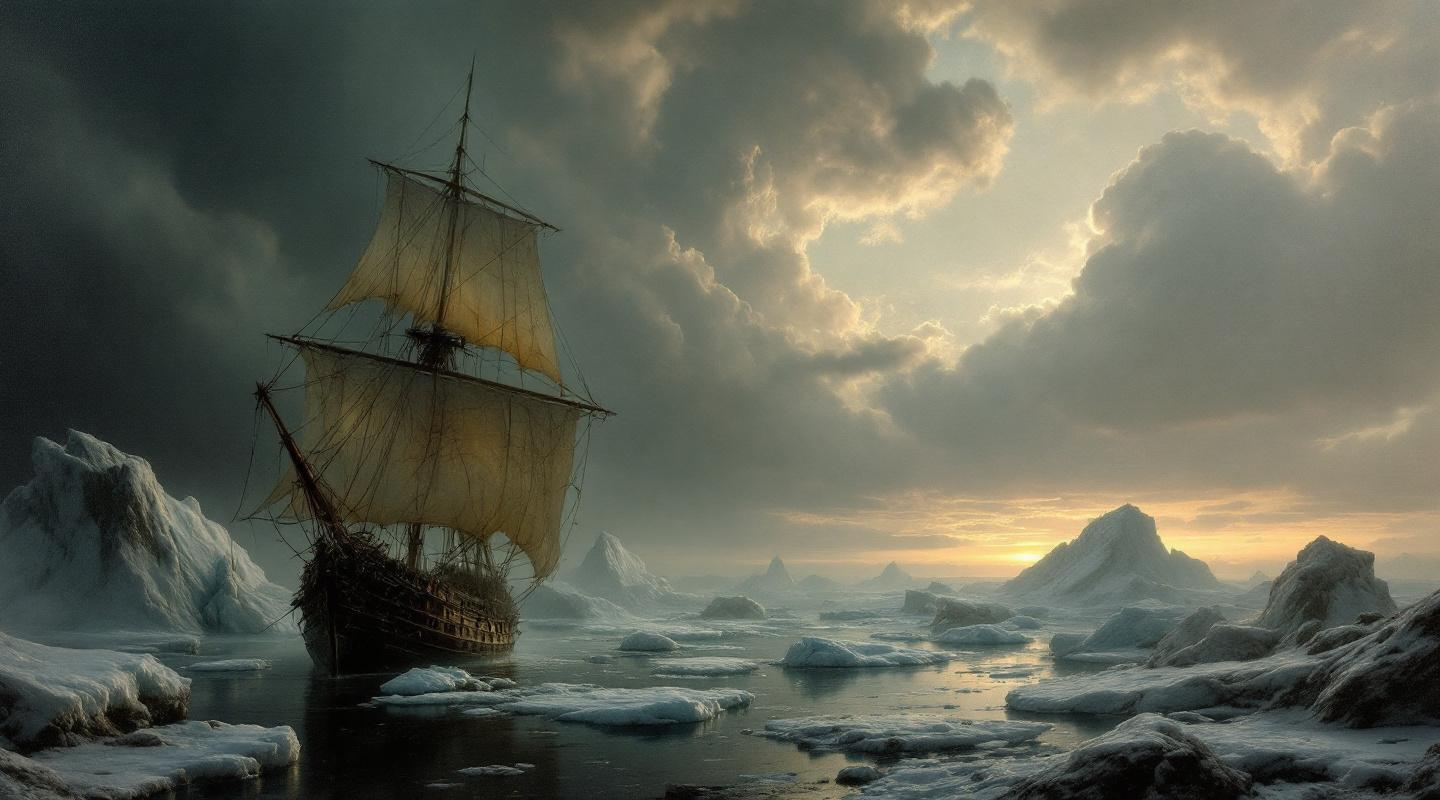 A ghost sail ship with torn sails and snapped riggin...