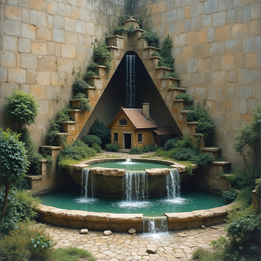 A triangular fountain in the corner of the wall, wit...