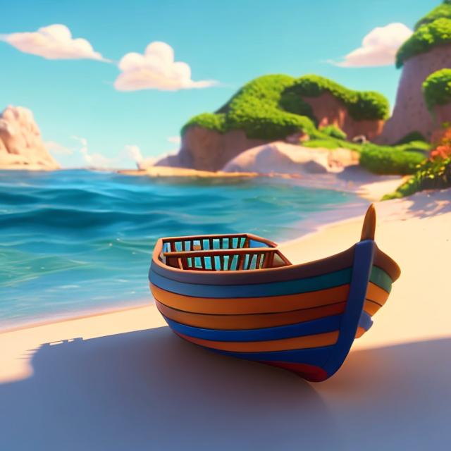 boat at the sea shore, sunny weather, pixar style