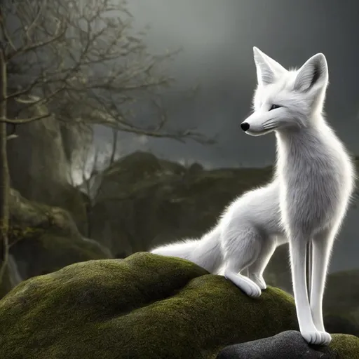 Photorealistic, white, fox, with red eyes and one lo... | OpenArt