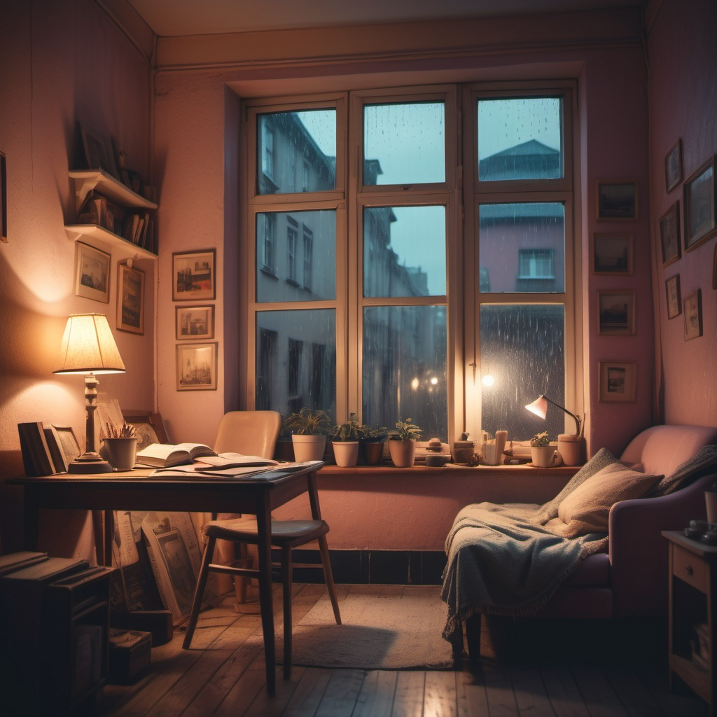 A cozy, dimly lit room with soft lighting, vintage d...