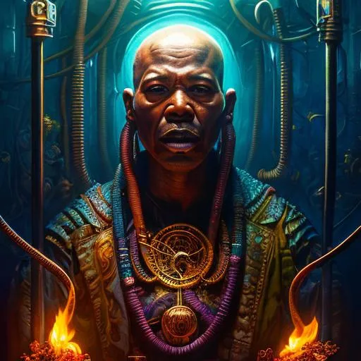 Three-quarters portrait, mad machine cultist, throwi...