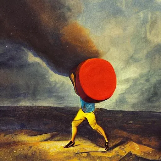 Painting of a man with the weight of the world on hi...
