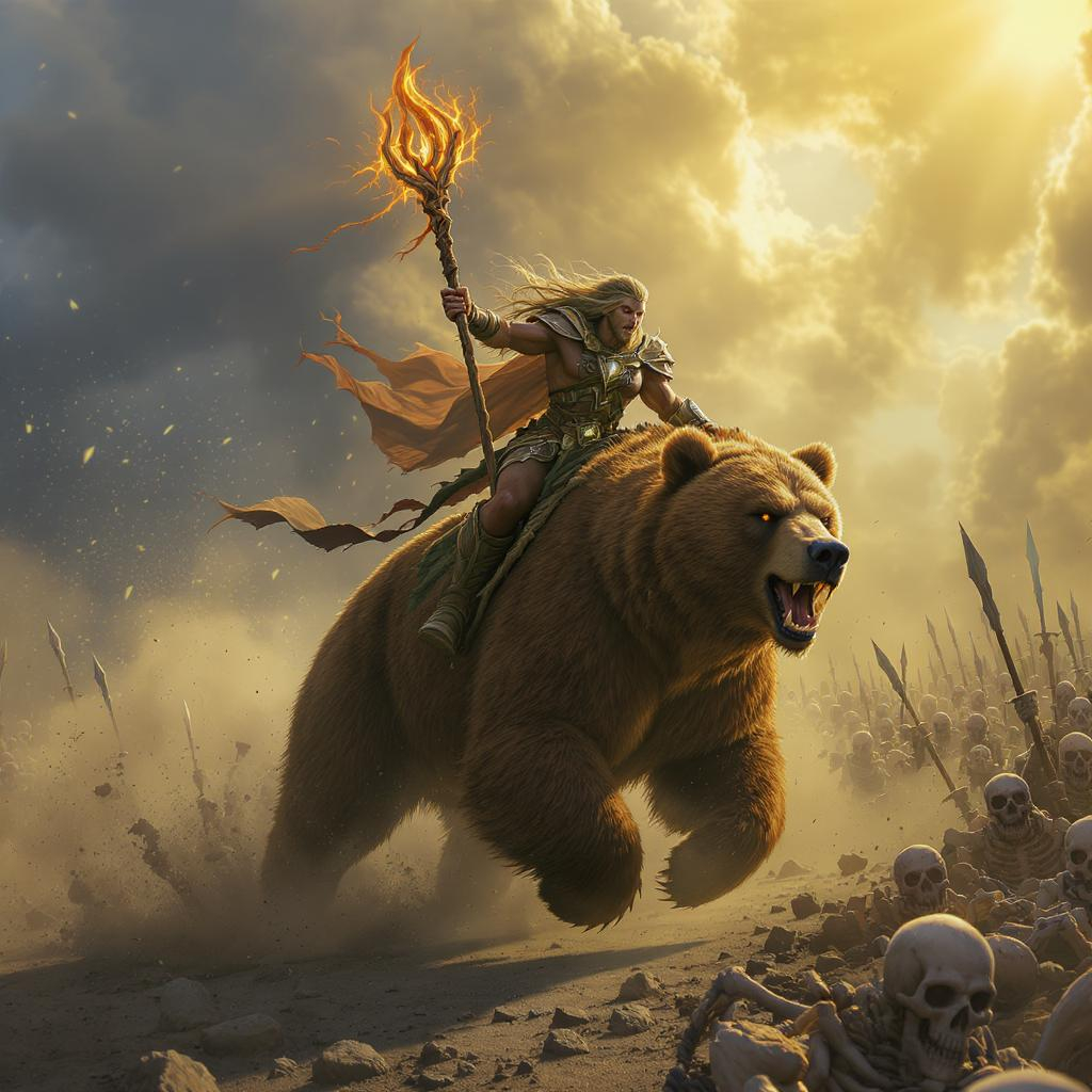 male druid riding the back of a bear into battle aga...