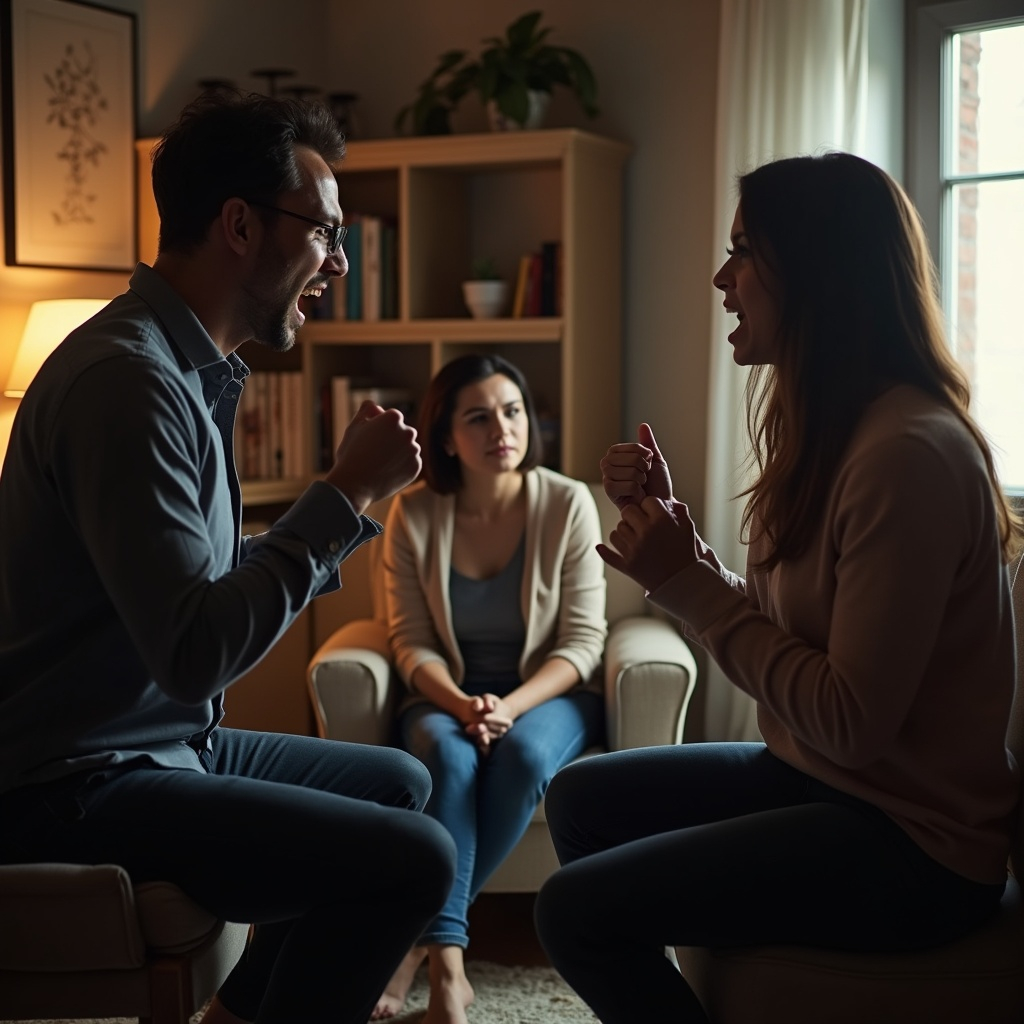 A tense counseling session scene featuring a man and...